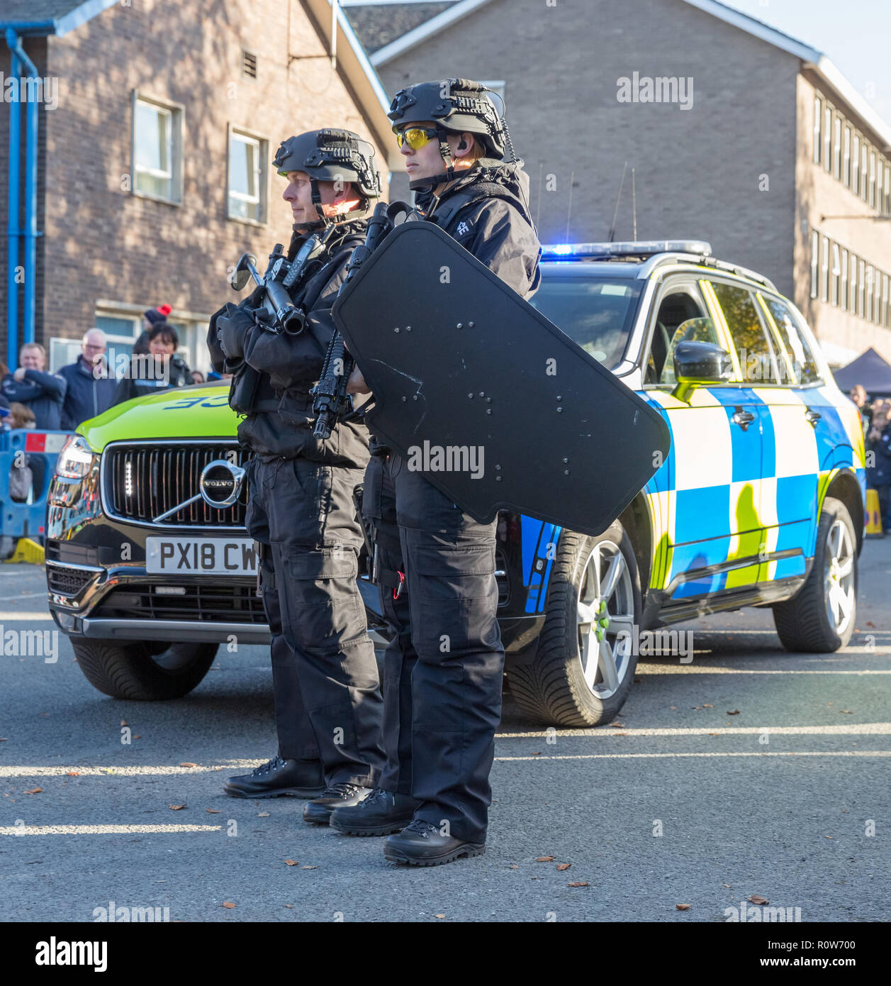 A demonstration at a public open day of a police armed road block Stock ...