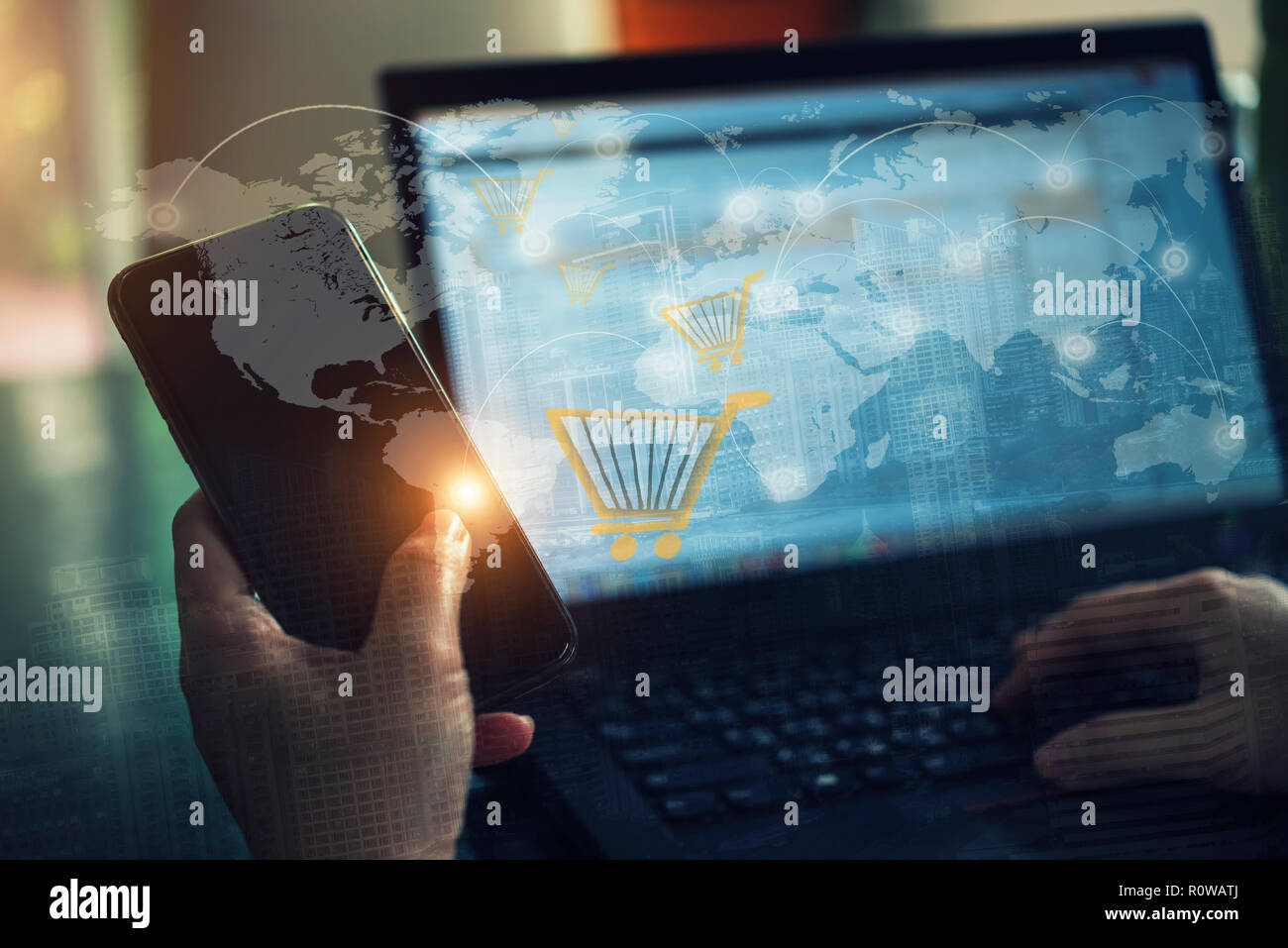 Business people hand using internet on mobile and laptop connect to ...