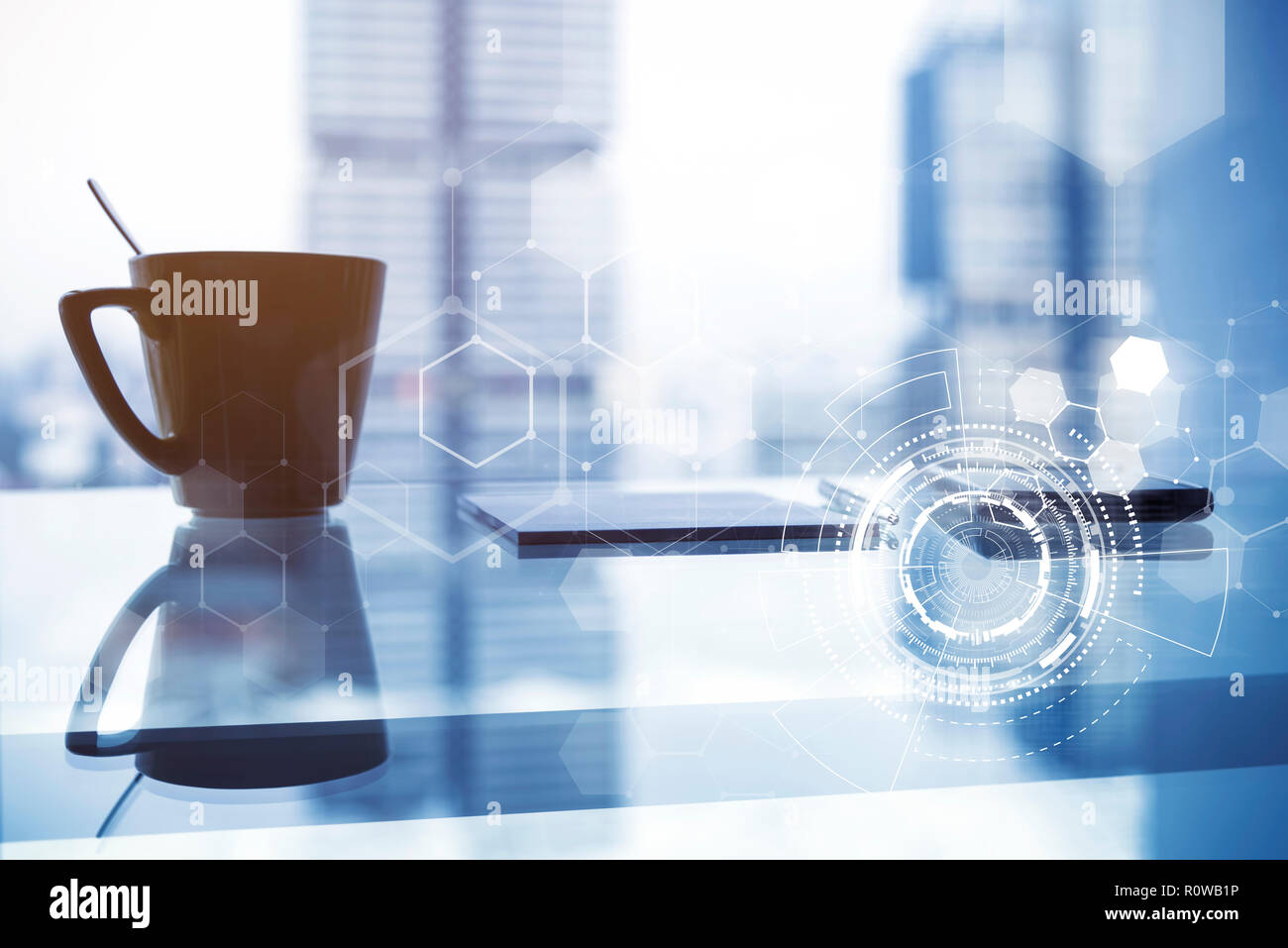 Modern technology icons with coffee cup on table with blurred city ...