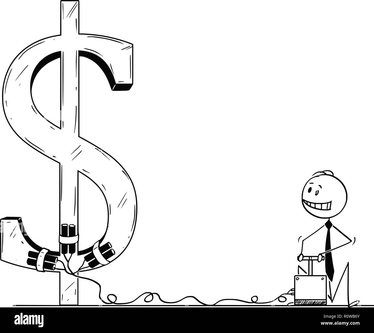 Cartoon of Businessman Using Detonator and Explosive to Destroy Dollar ...