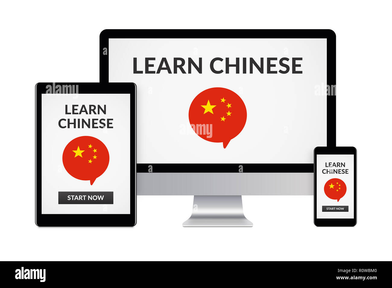 Desktop computer, tablet and smartphone isolated on white with learn ...