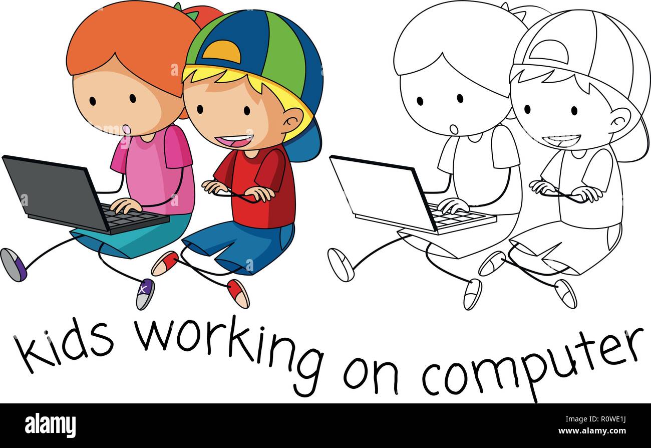 Doodle children working on computer illustration Stock Vector Image ...