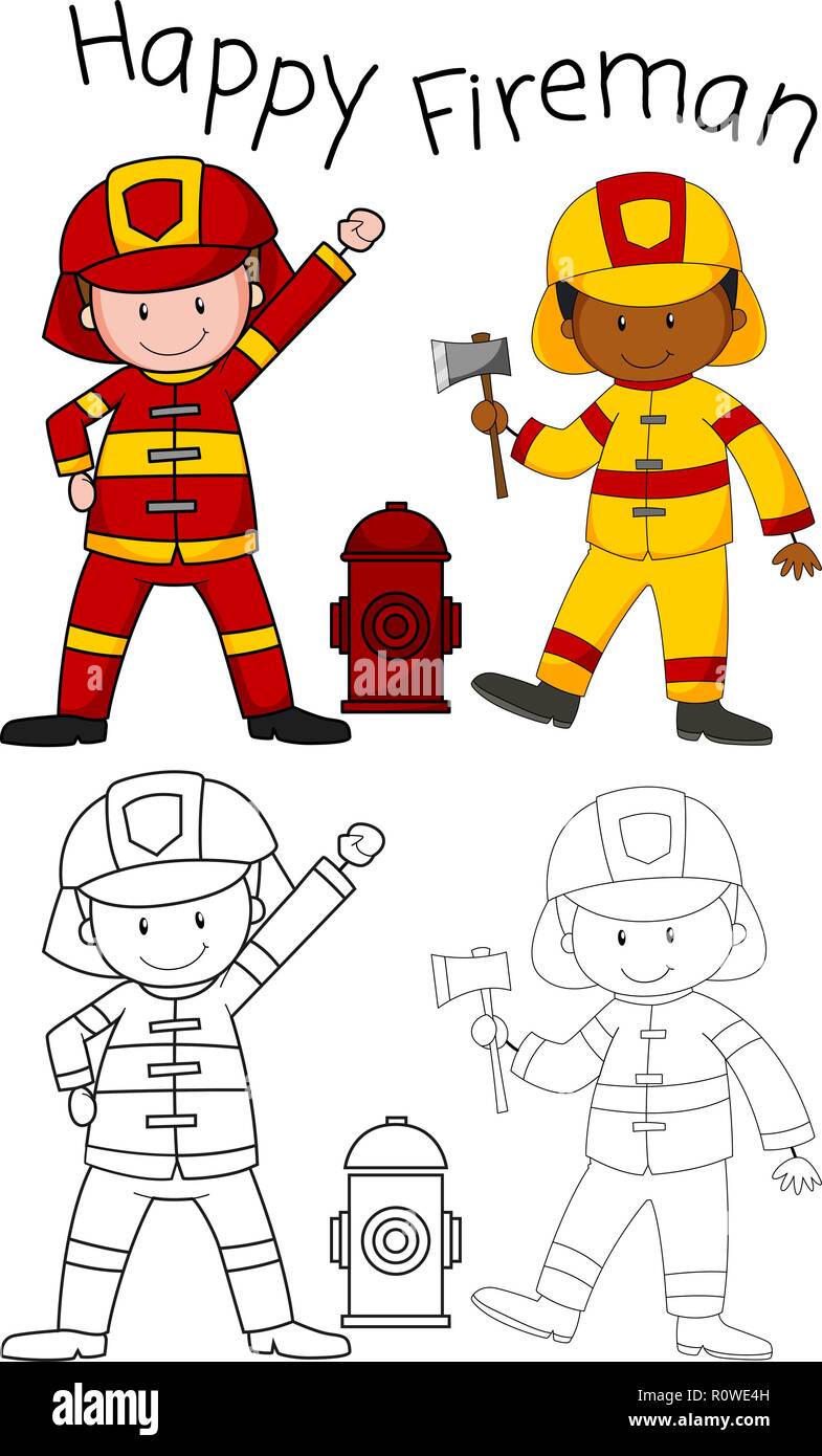 Doodle happy fireman character illustration Stock Vector Image & Art ...