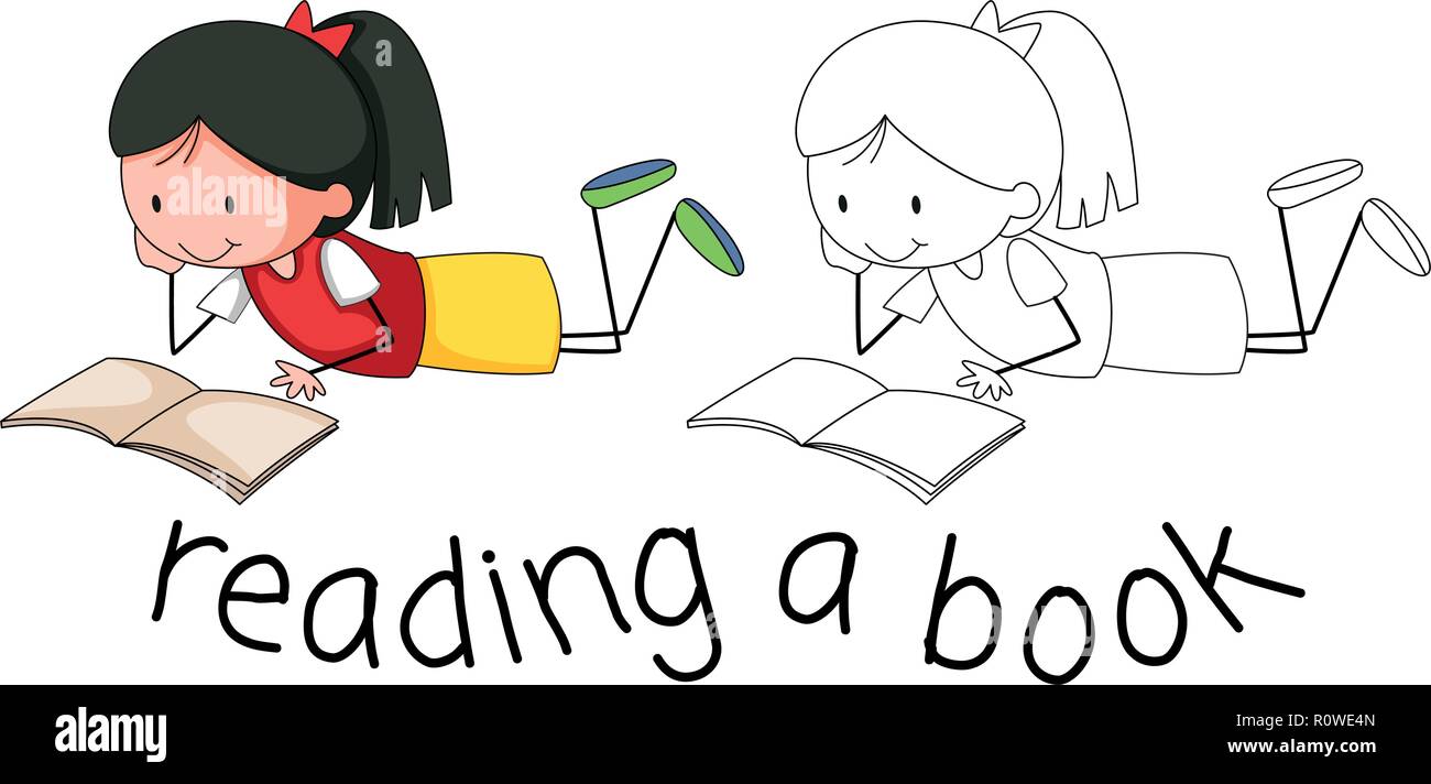 Doodle girl reading book illustration Stock Vector Image & Art - Alamy