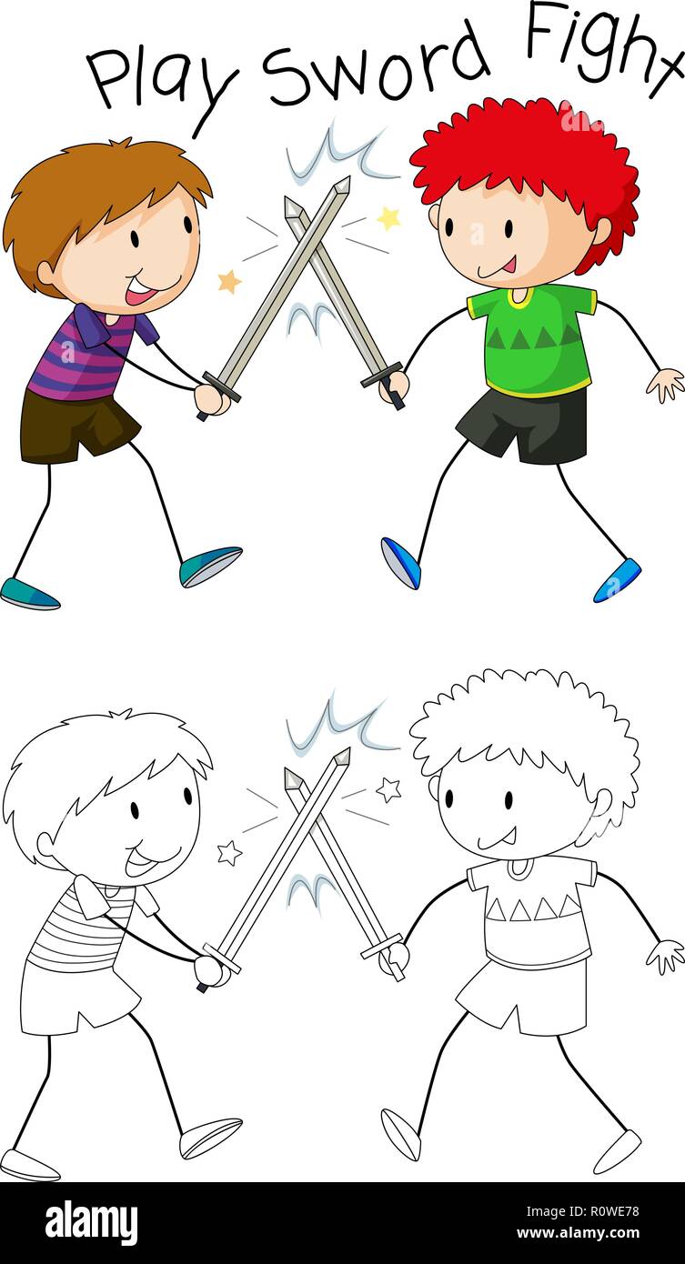 Doodle boys playing sword fight illustration Stock Vector Image & Art ...