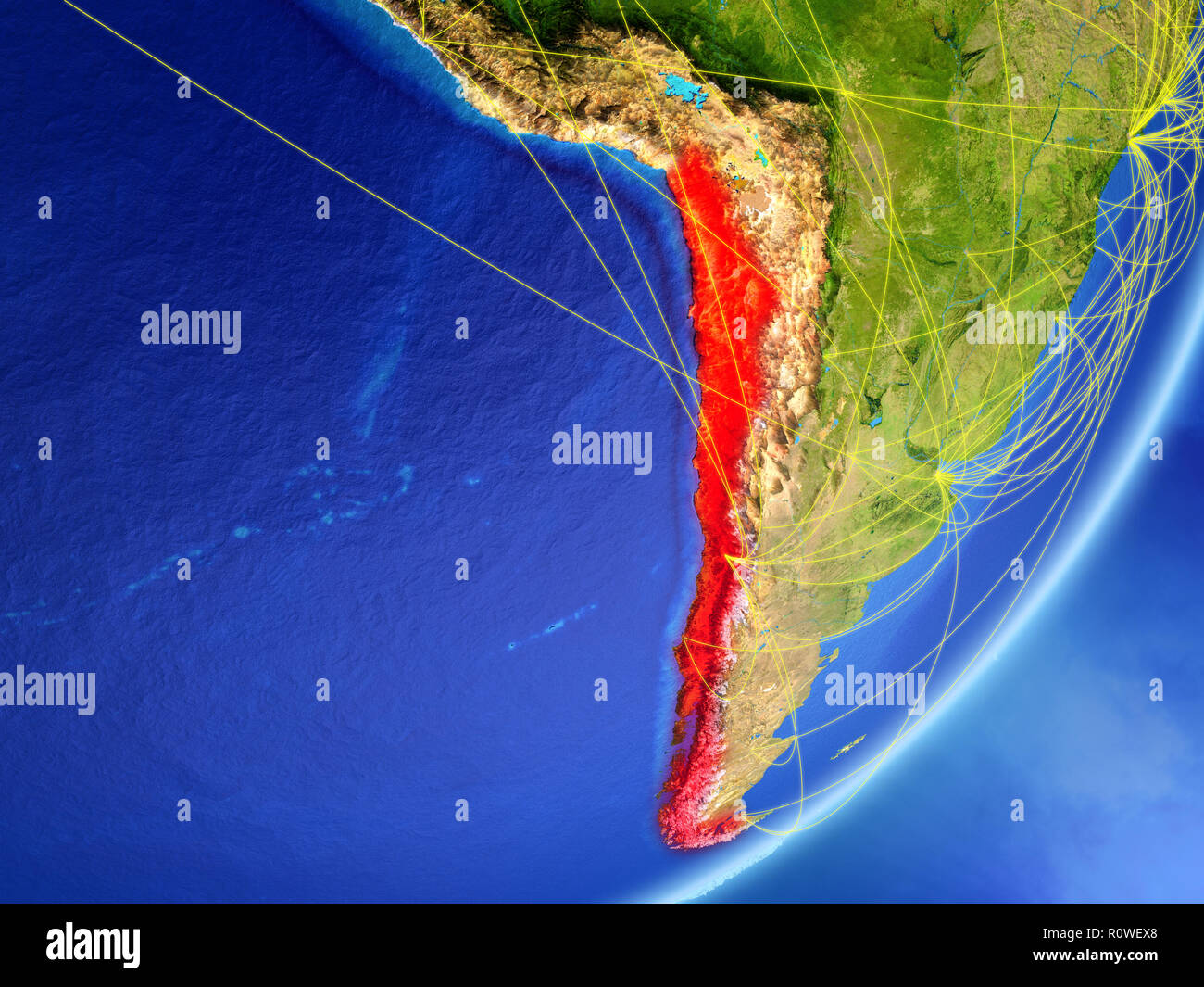 Chile on model of planet Earth with network at night. Concept of new ...