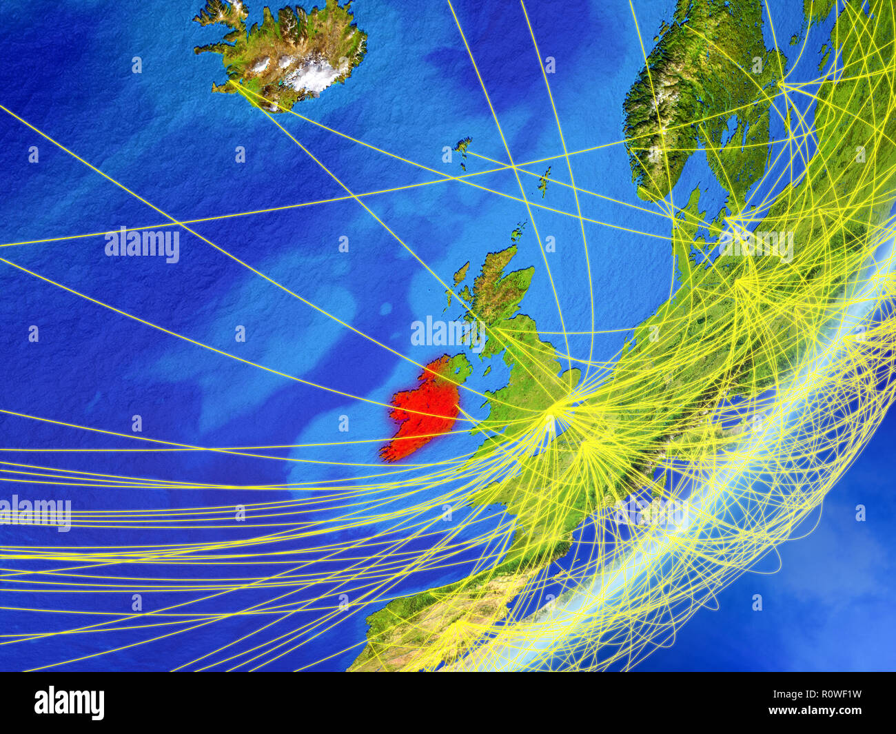 Ireland on model of planet Earth with network at night. Concept of new ...
