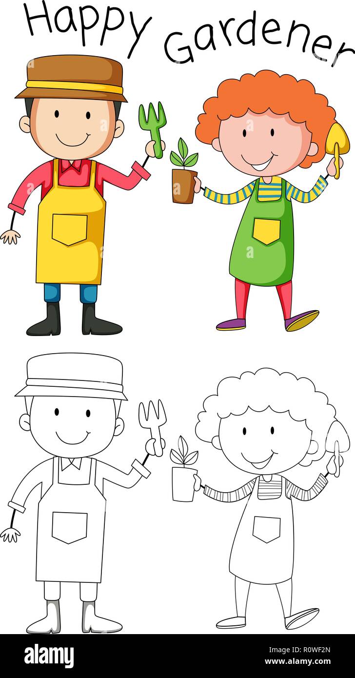 Doodle gardener character on white background illustration Stock Vector ...