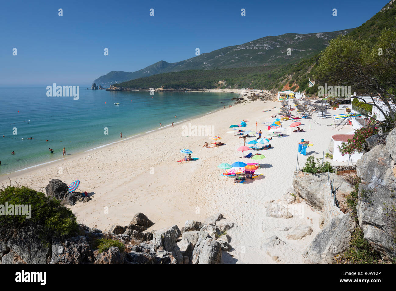 View over Galapos beach in summer, Portinho da Arrabida, Parque Natural ...