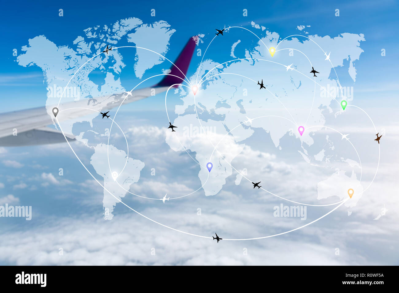 Map of flight routes airplanes network with blurred wing in the sky ...