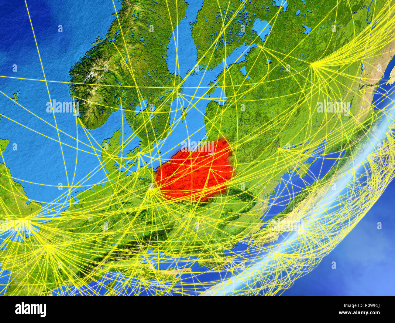 Poland on model of planet Earth with network at night. Concept of new ...
