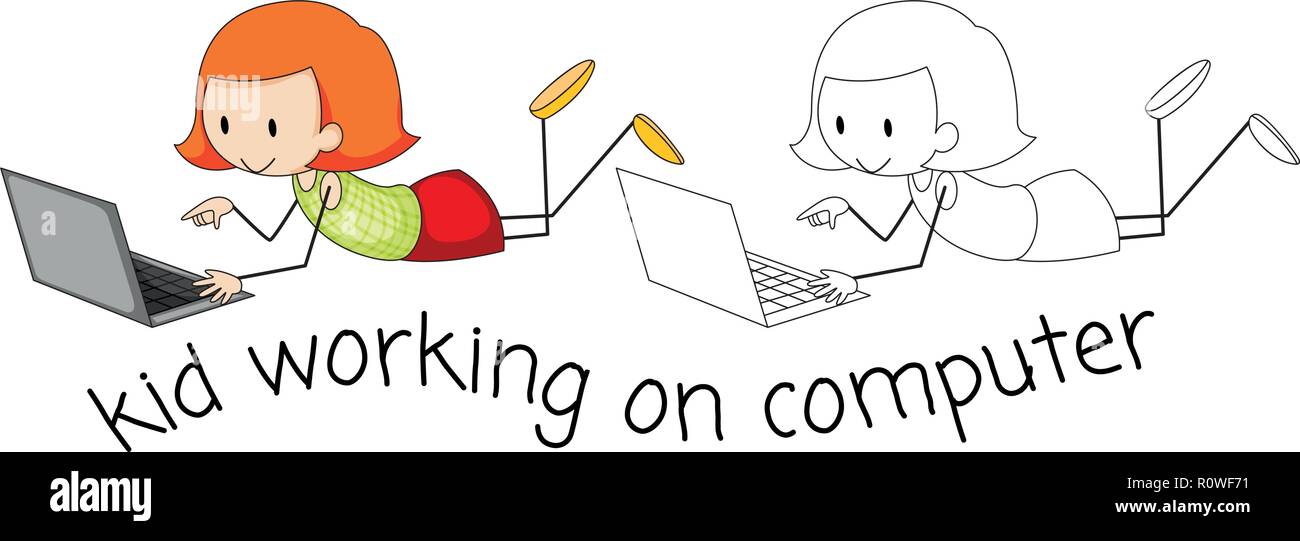 Doodle girl working on computer illustration Stock Vector Image & Art ...