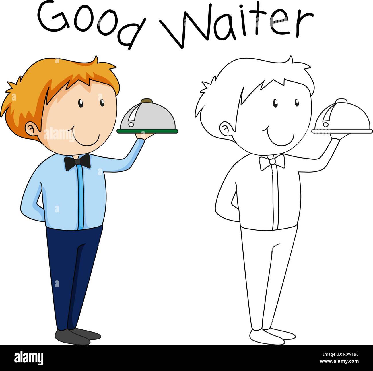 Doodle waiter character with serving tray illustration Stock Vector ...