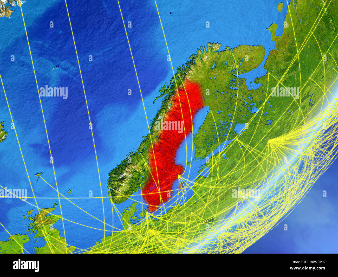 Sweden on model of planet Earth with network at night. Concept of new ...