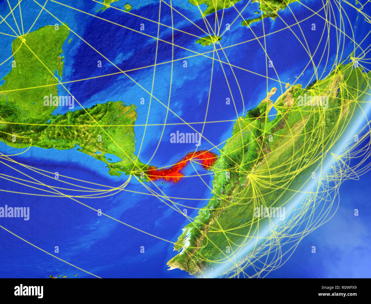 Panama on model of planet Earth with network at night. Concept of new ...