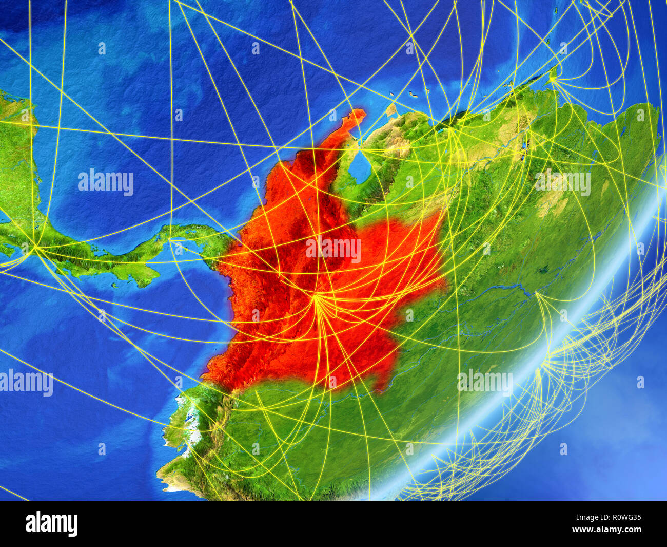 Colombia on model of planet Earth with network at night. Concept of new ...
