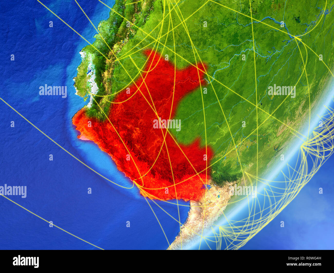 Peru on model of planet Earth with network at night. Concept of new ...
