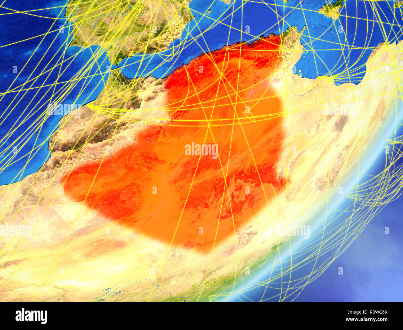 Algeria on model of planet Earth with network at night. Concept of new ...
