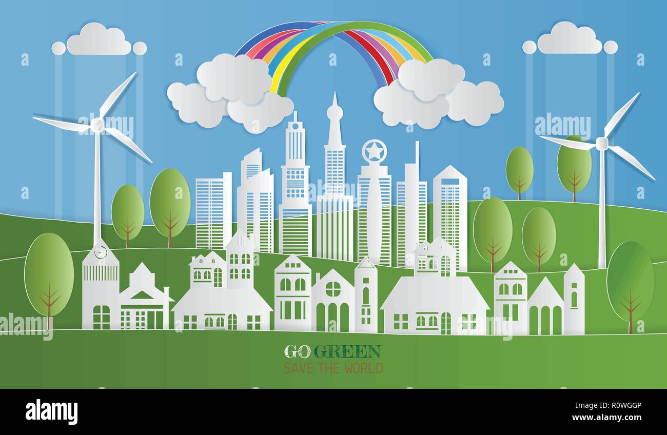 Landscape of city in nature, GO GREEN SAVE THE WORLD concept, Paper art ...