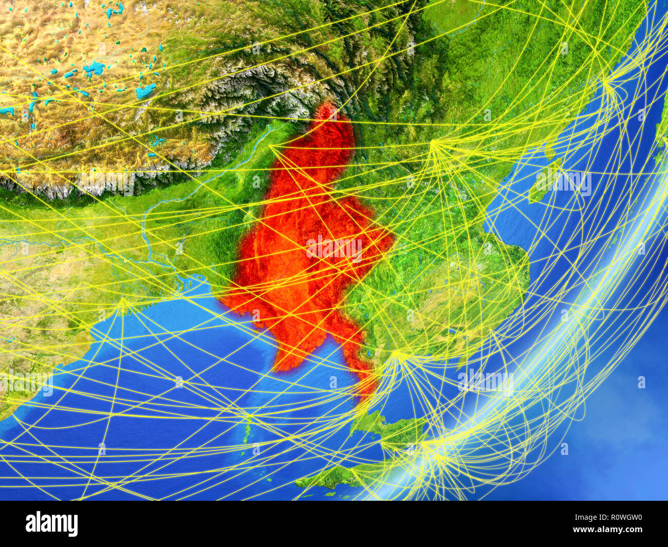 Myanmar on model of planet Earth with network at night. Concept of new ...