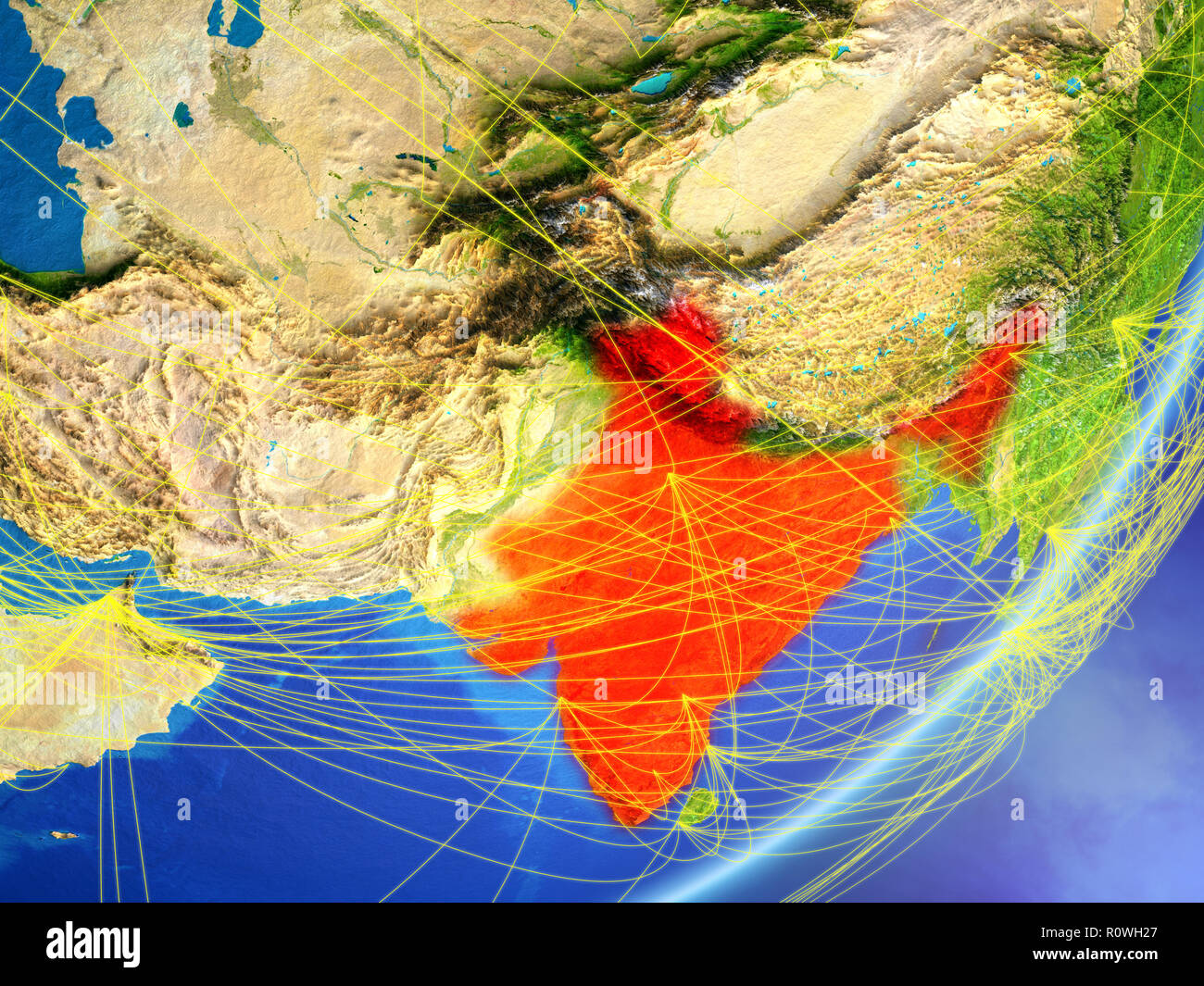 India on model of planet Earth with network at night. Concept of new ...