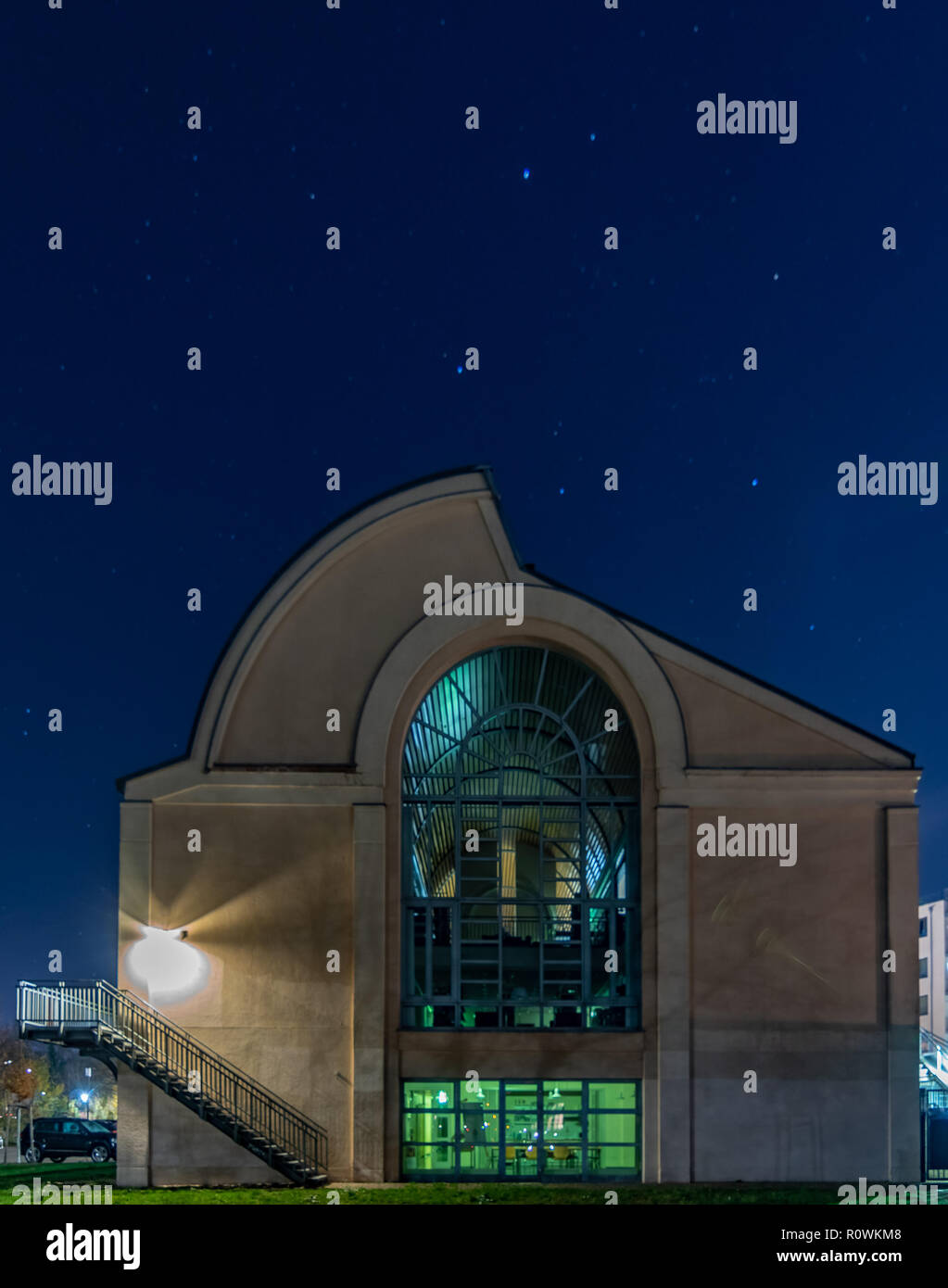 Nighshot of the illuminated Humboldt library in Berlin Tegel Germany ...