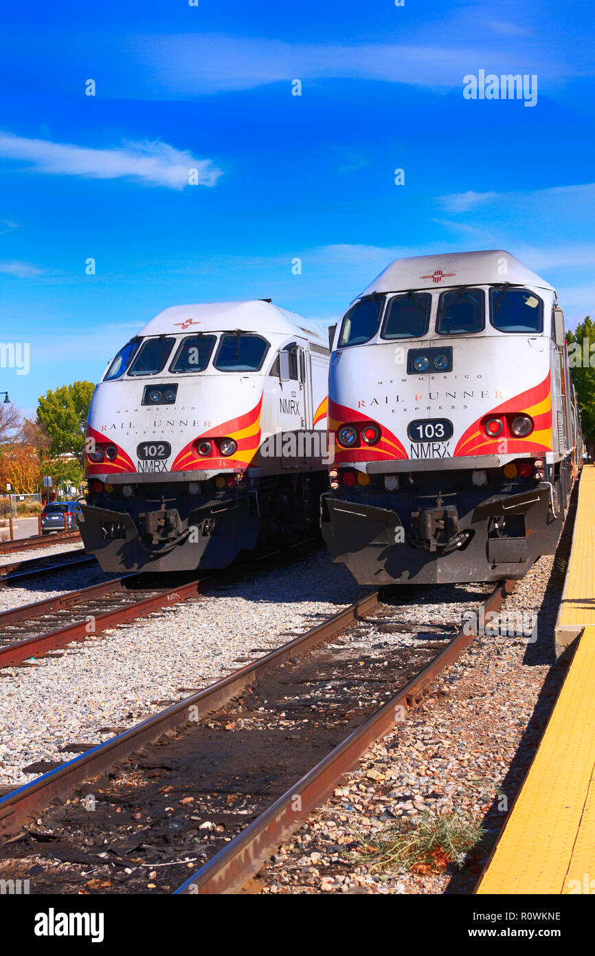 Two Rail Runner trains in the station at the Railyard in Santa Fe, New ...