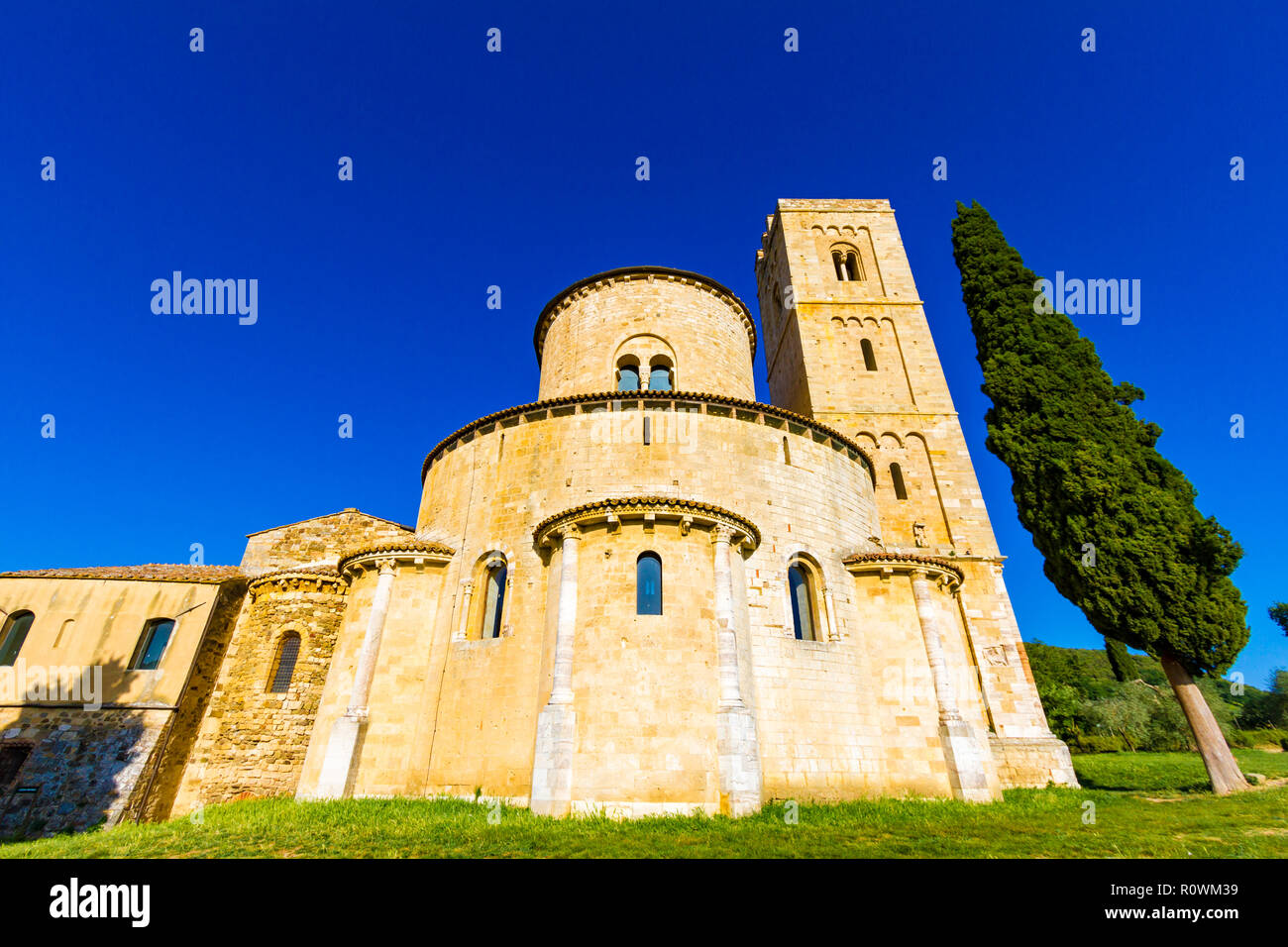 The St. Antimo Abbey (circa 781 A.D.) in Crete Senesi (Senese clays ...
