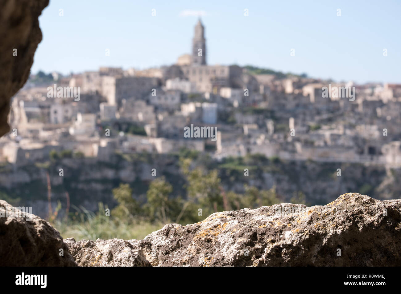 Panorama of houses built into the rock in the cave city of Matera ...