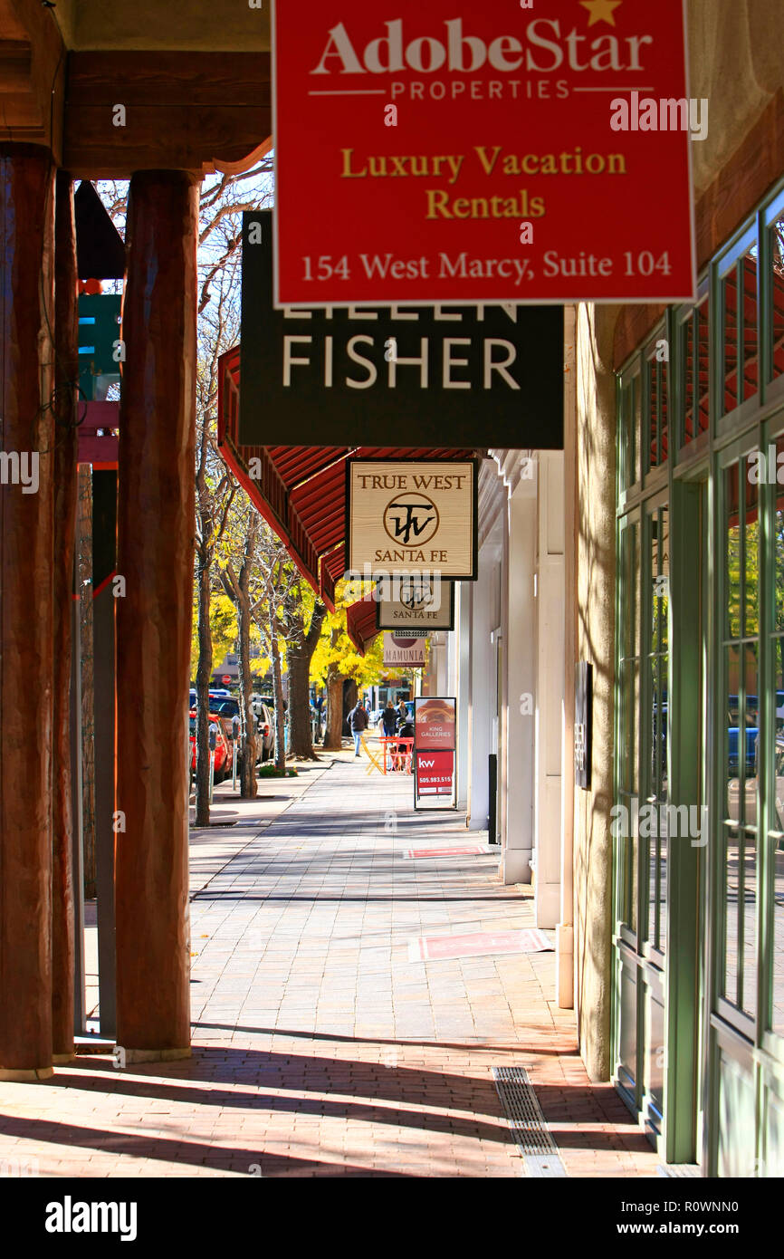Overhead gallery signs on Lincoln Ave in downtown Santa Fe, New Mexico ...