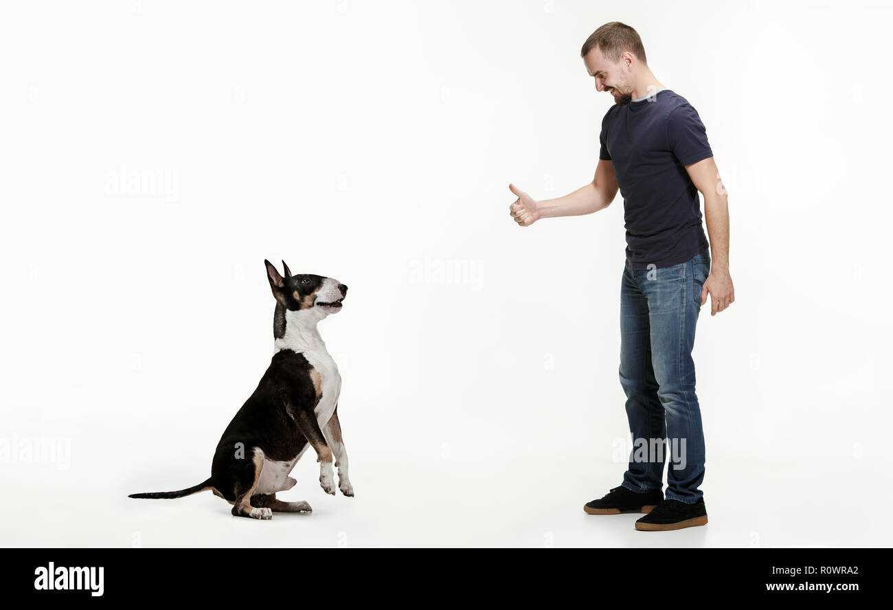 Emotional Portrait of man and his dog, concept of friendship and care ...