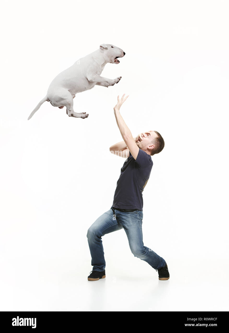 Emotional Portrait of scared man and his dog, concept of friendship and ...