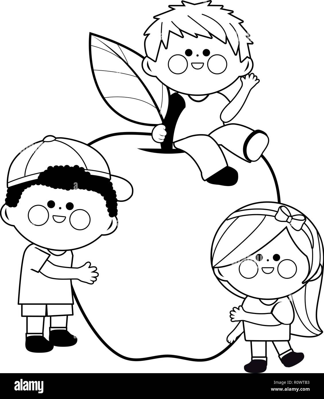 Children and apple fruit. Group of kids and red apple. Healthy snack ...