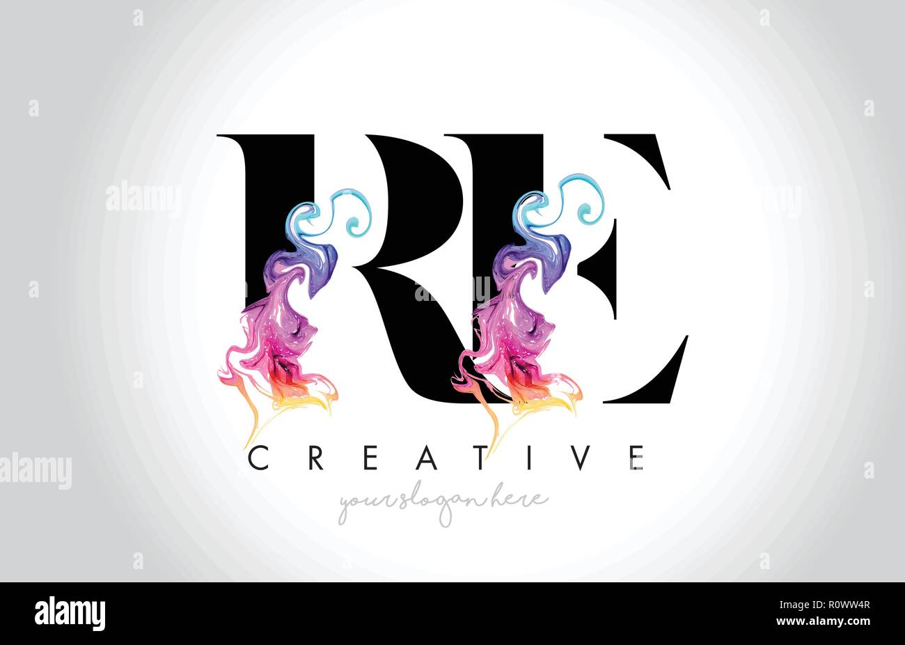 RE Vibrant Creative Leter Logo Design with Colorful Smoke Ink Flowing ...