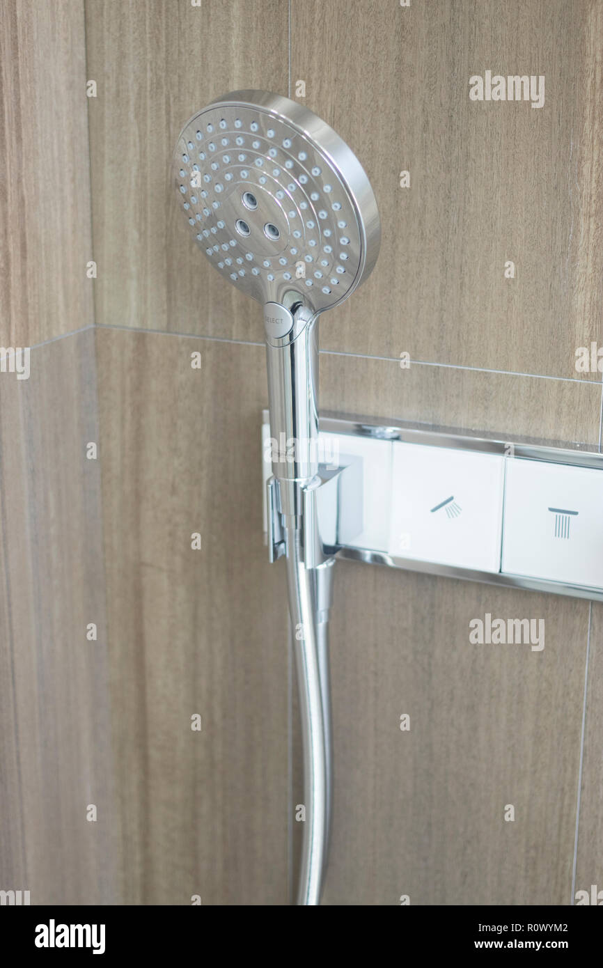 Bathroom chrome shower head showroom display of new design option for ...