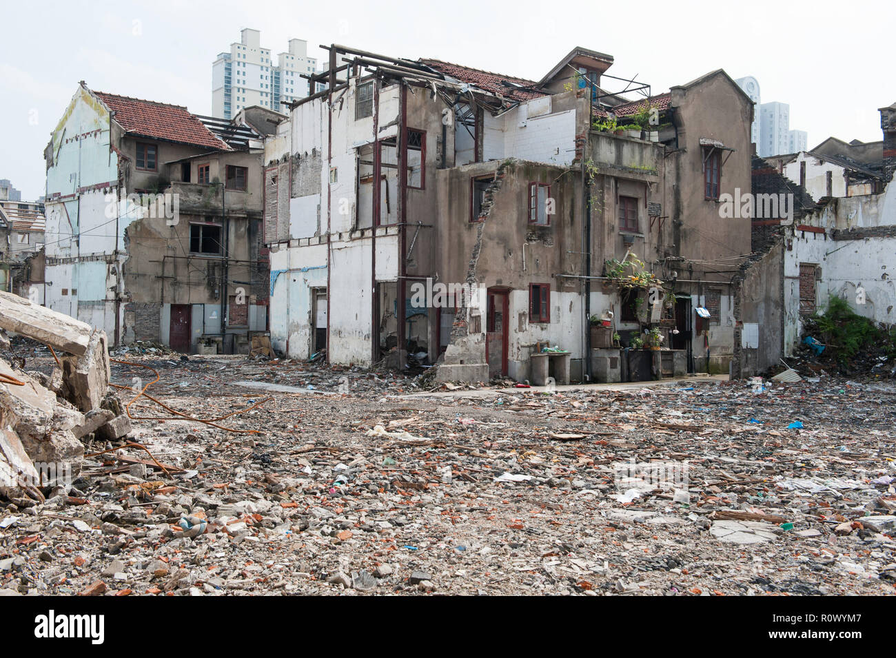 Concrete rubble debris on construction site, Crushed concrete slabs and ...