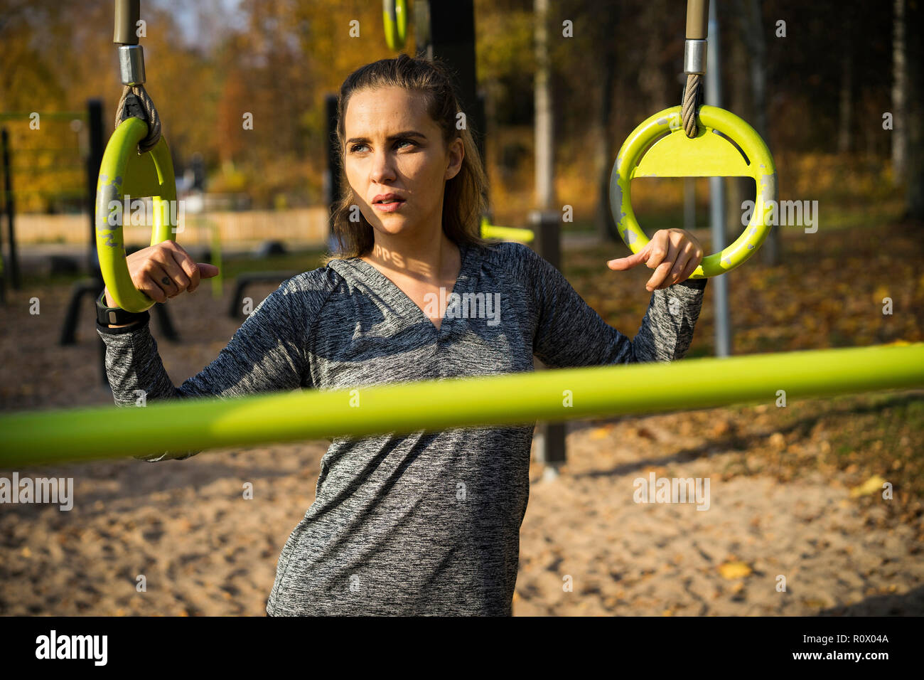 Caucasian blonde Scandinavian fitness girl outdoors in Sweden ...