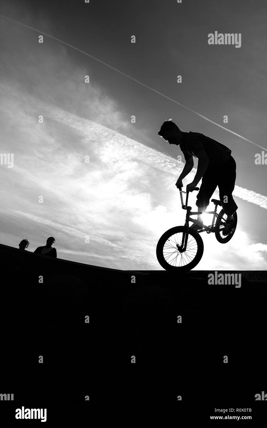 A bmx rider at the plaza, central forest park in Stoke on Trent riding ...