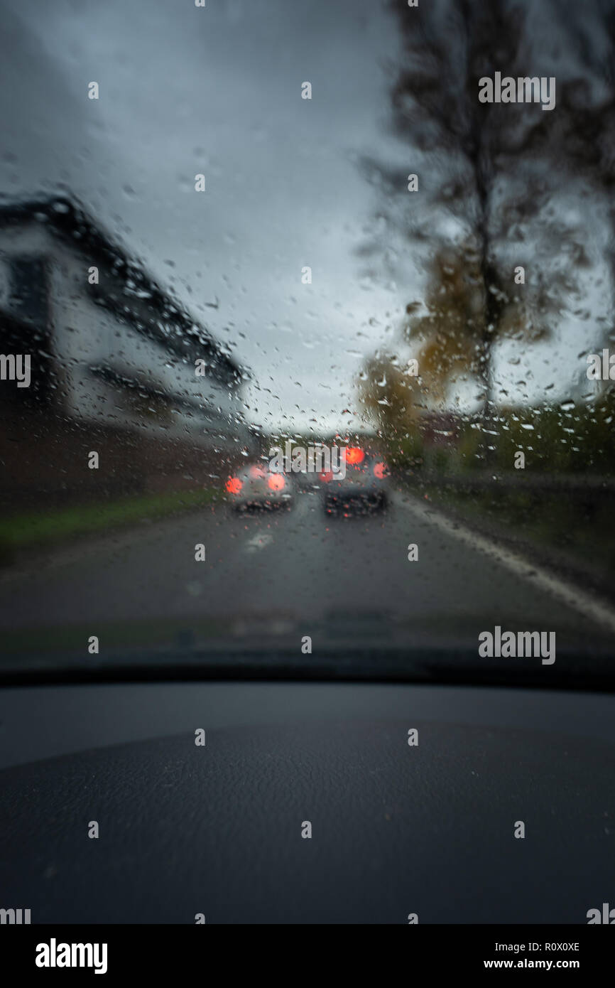 Rain on the motorway, heavy rain on the windshield, windscreen whilst ...