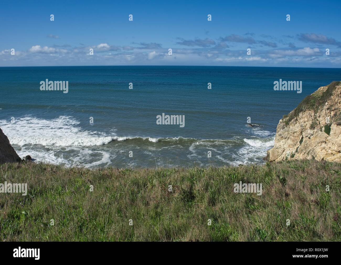 The Pacific Ocean viewed from a grassy overlook with rocks and waves ...