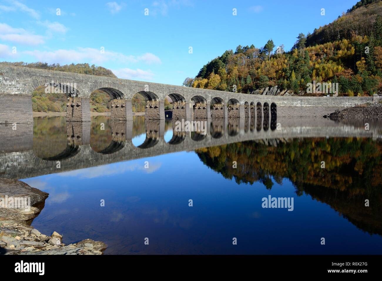 Viaduct old stone arched bridge over Graig Ddu reservoir dam Elan ...