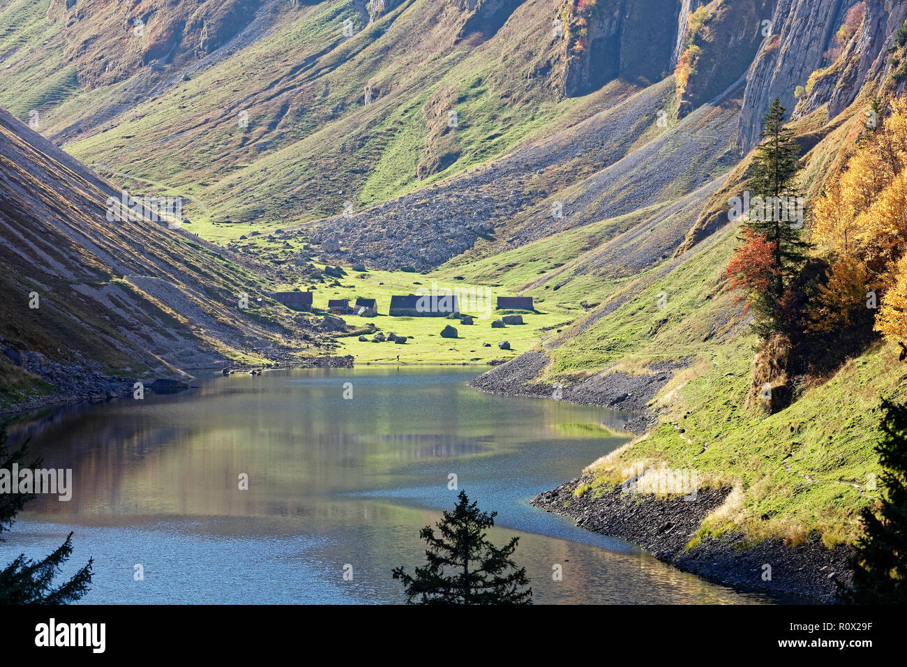 Scenic view of Fällensee (Faellen Lake) with Fählenalp (Faehlenalp) in ...