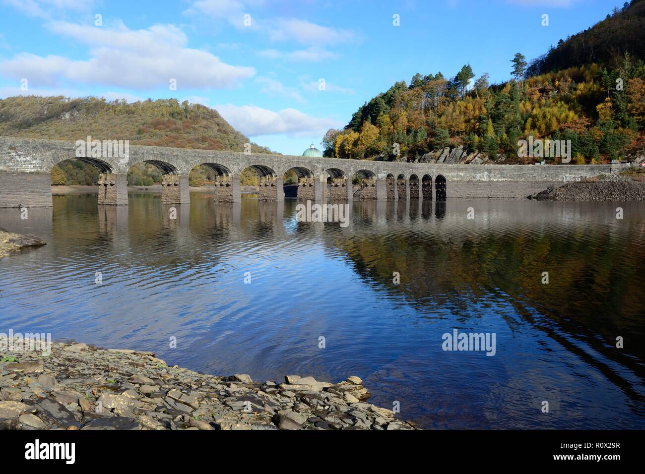 Viaduct old stone arched bridge over Graig Ddu reservoir dam Elan ...