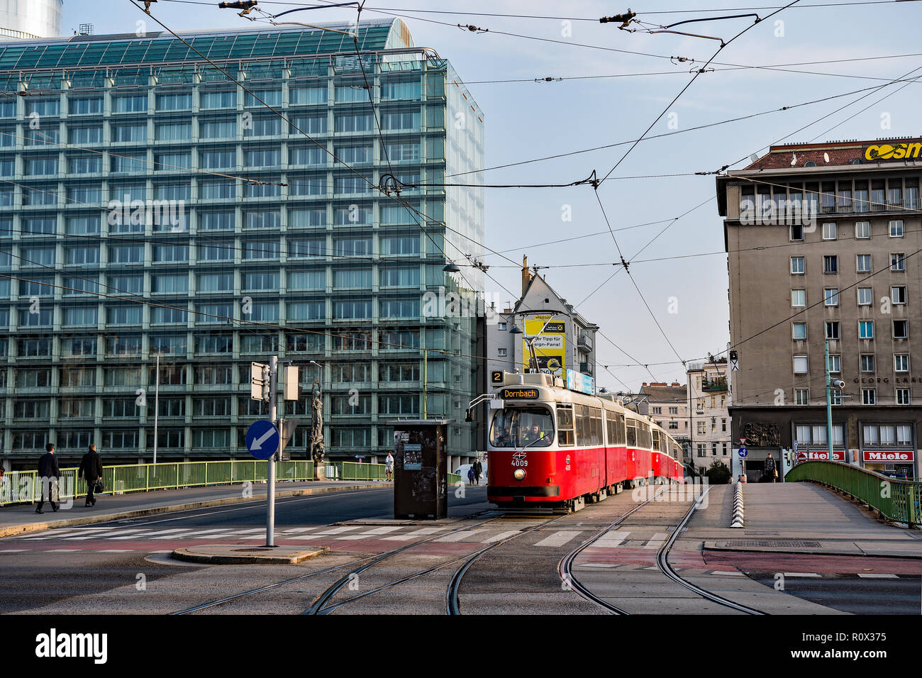 Red european tram hi-res stock photography and images - Alamy