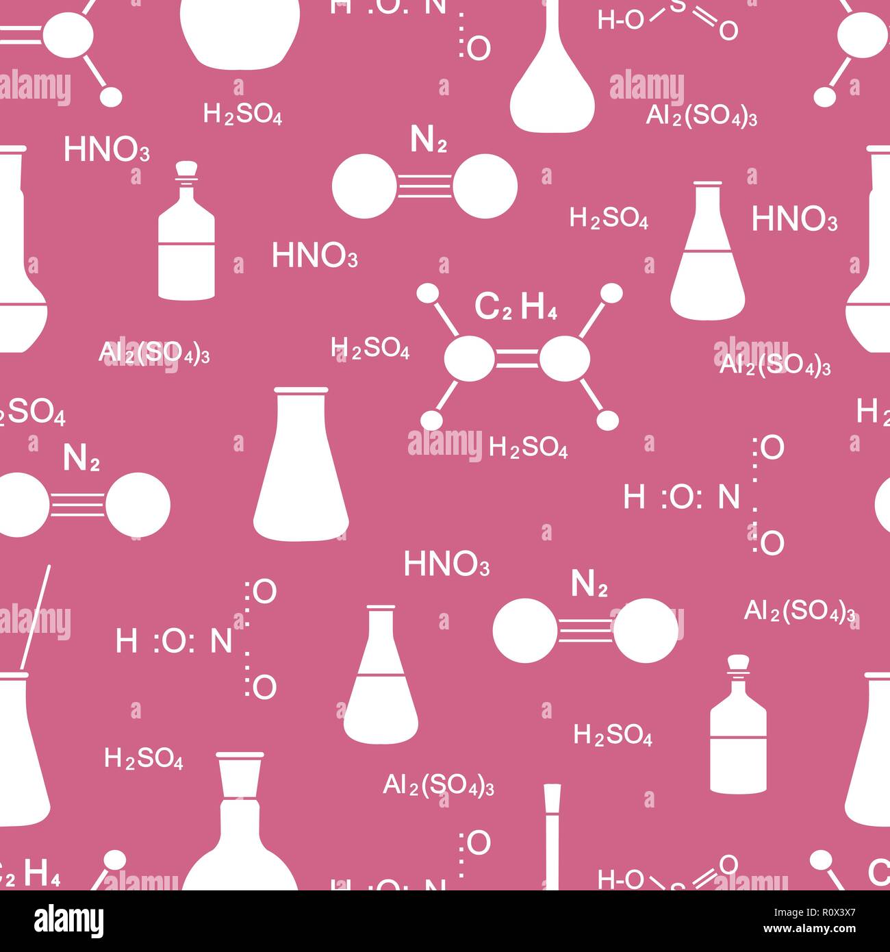 Scientific vector seamless pattern with flasks, beakers, molecule ...