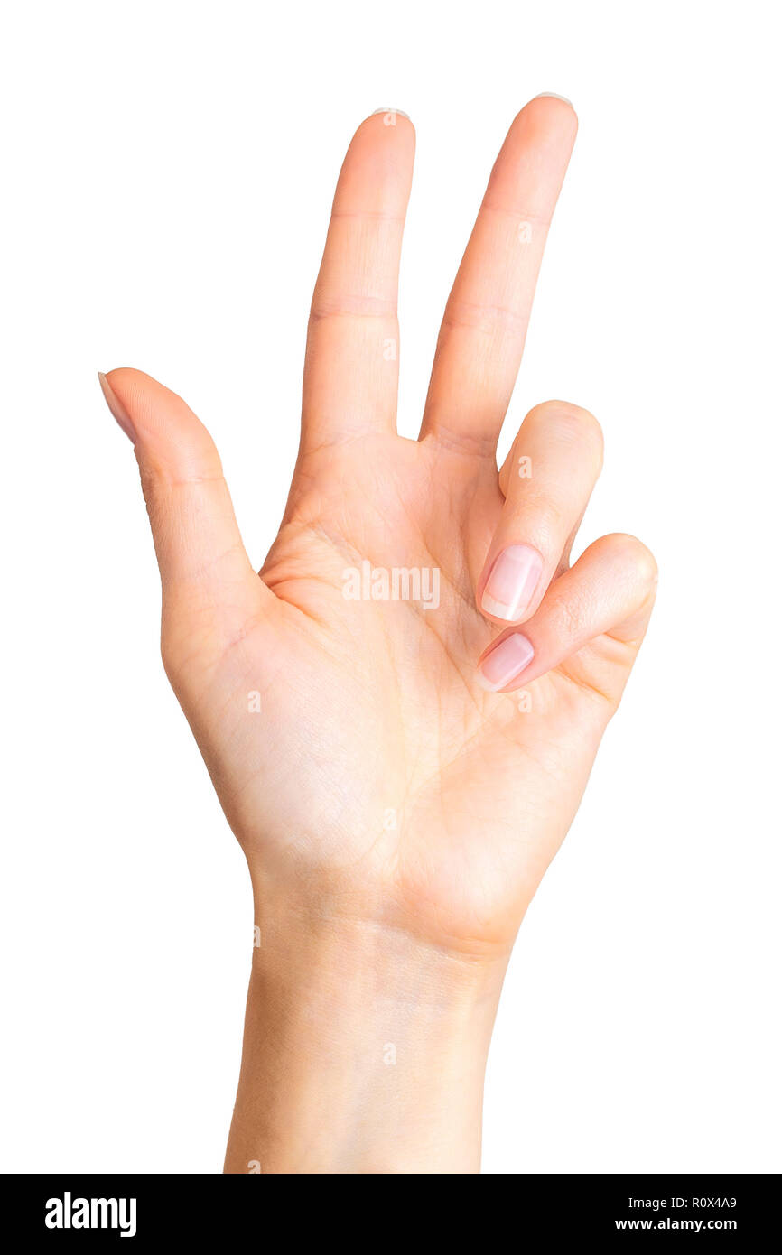 Female hand showing 3 fingers in gesture of order beer in Germany Stock ...