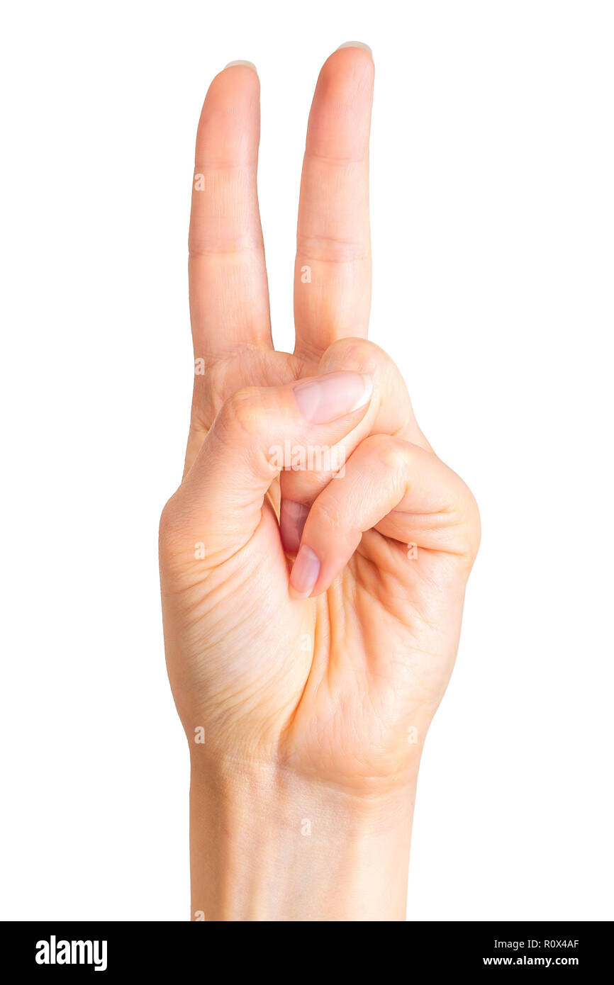 Female hand showing two fingers in the peace symbol Stock Photo - Alamy