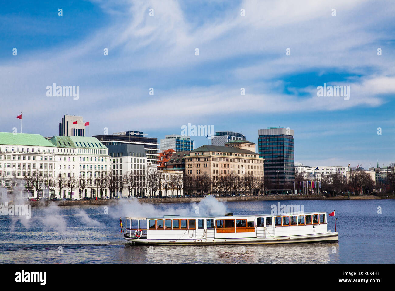 Beautiful antique boat at the Inner Alster Lake in Hamburg Stock Photo ...