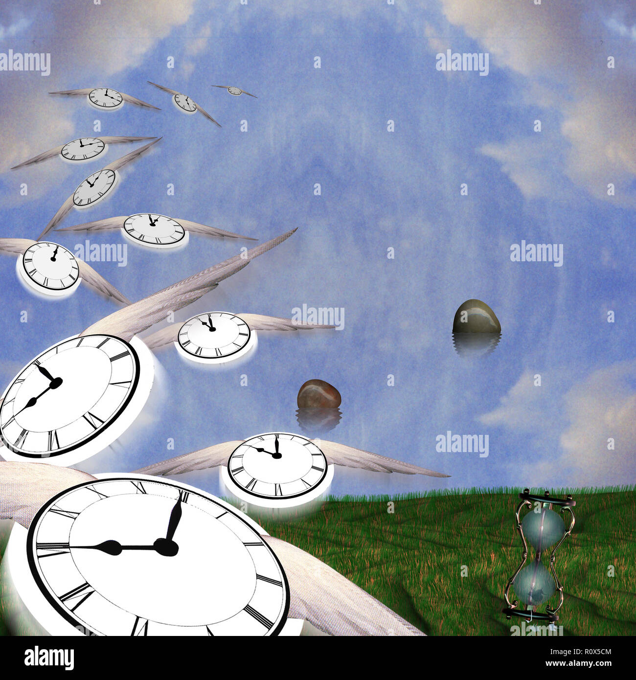 Symbolic composition. Hourglass and floating stones. Winged clocks ...
