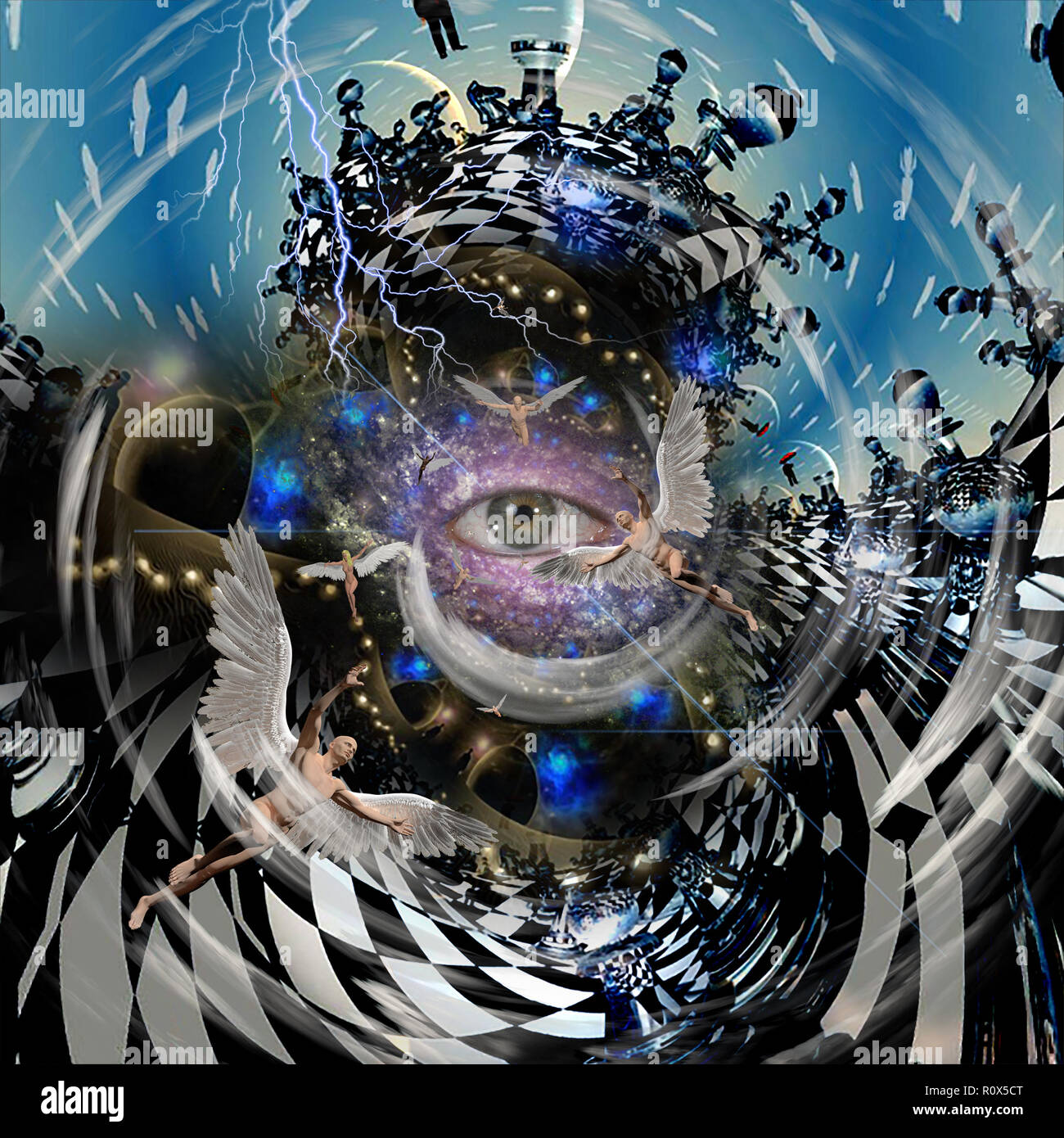 Angels with white wings. Eye of God. Chessboard with chess pieces Stock ...